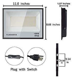 Floodoor 100W LED Flood Lights Outdoor, 10000LM Super Bright Flood Light with Plug, IP66 Waterproof Safety Work Lights for Yard, Garden, Playground, Basketball Court (2 Pack)