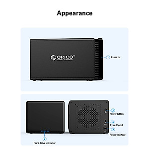 ORICO 5 Bay Raid Hard Drive Enclosure USB C Magnetic Aluminum HDD Enclosure with Fan for 3.5inch All SATA HDD Support 7 RAID Modes, Storage Expansion Up to 80TB for Office and Home- NS500RC3