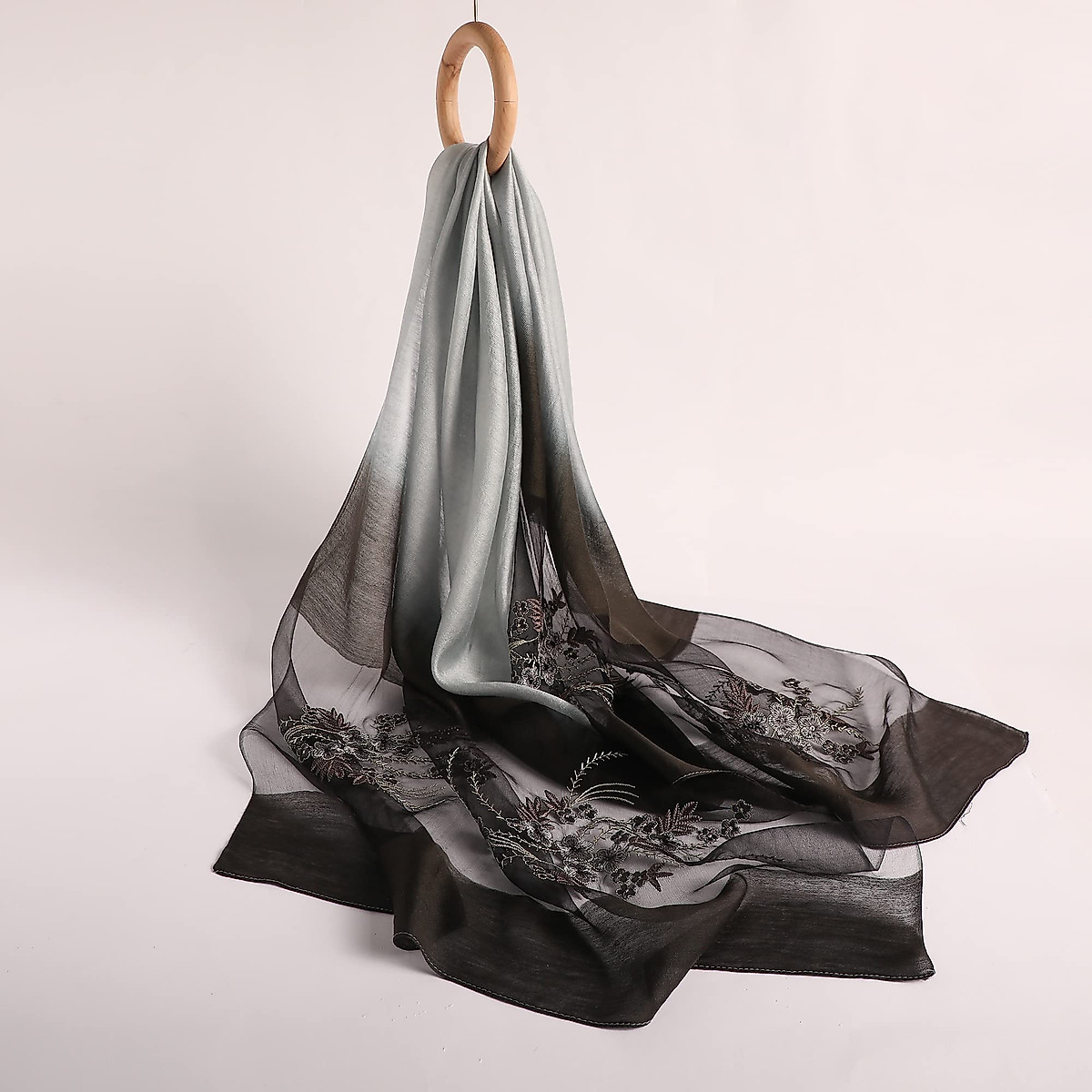 WINCESS.YU Silk Scarf for Women Lightweight Shawls and Wraps for Weddings Fashion Pashmina Shawl Embroidered Scarves (Black)