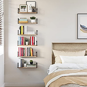 Wallniture Avila Floating Shelves, Wall Bookshelf Living Room Decor Shelves for Wall Storage, Kitchen Organization Home Office Decor DVD Storage Burnt, Set of 6