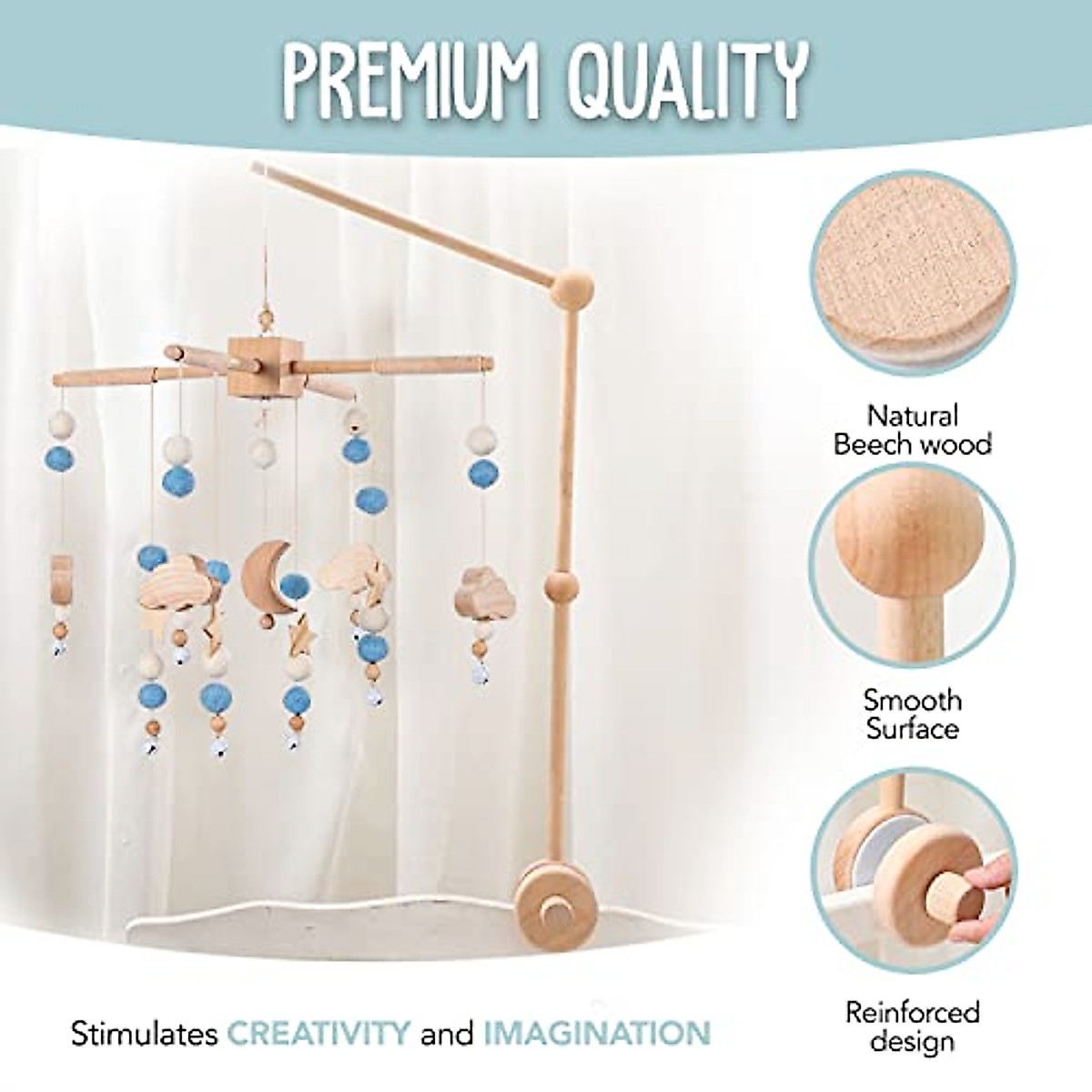 BlueMello Starry Night Baby Mobile Toy and Mobile Arm Holder 2 in 1 Set for Crib | Wooden Beads and Stars Bed Hanger for Boys and Girls | Hanging Nursery Decor for Bassinet | Perfect Baby Shower Gift