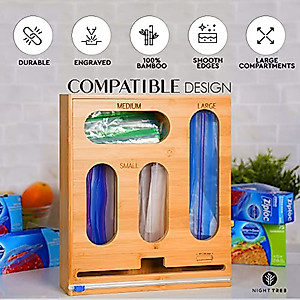 Night Tree Plastic bag storage organizer - Ziplock Sandwich bag organizer for kitchen plastic bag storage or Wall Mount - 5 in 1 Includes Plastic Wrap or Foil dispenser with Cutter