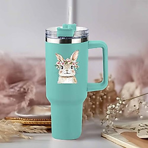 LB LEOBON 40 ounce insulated cup with handle, double-layer vacuum stainless steel material, equipped with straw, can keep warm or maintain cold drinks Easter Rabbit D Lake Green