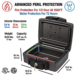 SentrySafe Fireproof and Waterproof Safe Box with Key Lock, Chest Safe for Home with Water-Resistant and Fire-Resistant Security, 0.17 Cubic Feet, 6.1 x 14.3 x 13 Inches, H0100
