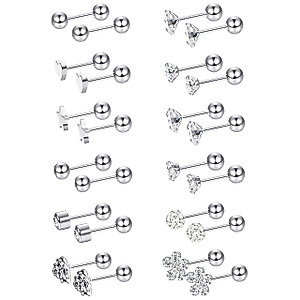 LOYALLOOK 12 Pairs Stainless Steel Ball Stud Earrings Barbell Cartilage Helix Ear Piercing 3-6mm 2 Colors (18G 12 Pairs Silver Tone 4mm)