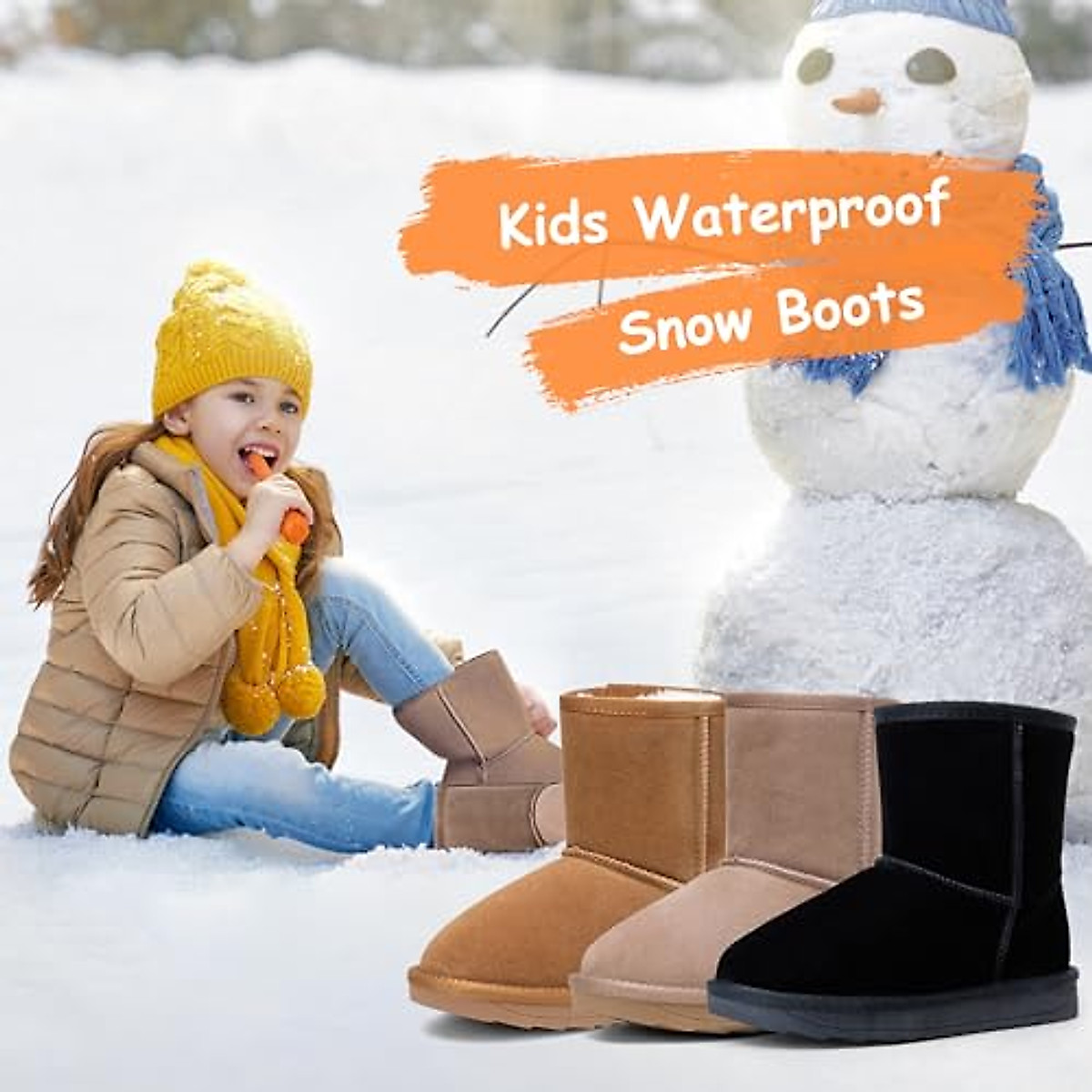 Vepose Boy's Girl's Snow Boots Brown Cow Suede Leather Warm Classic Booties for Little Kids Size 3(CTX827 Brown 03)