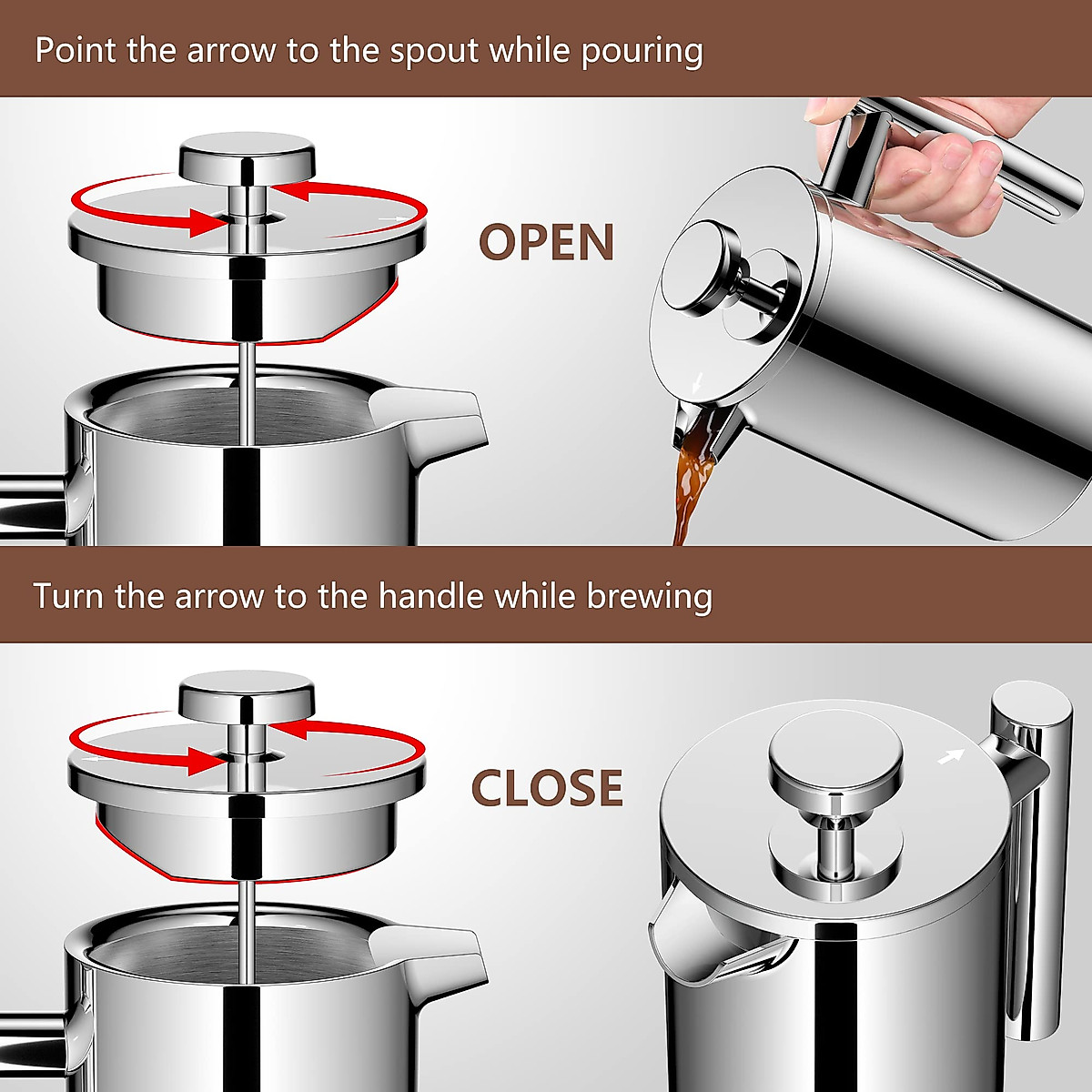 Miuly French Press 34oz, Double Insulated 304 Stainless Steel Coffee Press,Stainless Steel French Press with 5 Extra Fliters and 3 Additional Coffee Set(34oz, Sliver)