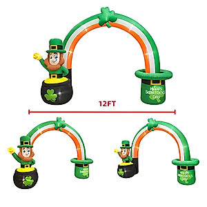 KOOY 12FT Giant St Patricks Day Inflatables Outdoor Decorations,Leprechaun Inflatable Blow Up Lucky Shamrocks Rainbow Arch,St Patricks Day Blow up Decorations with LED Light St Patricks Day Decoration