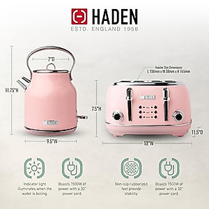 Haden Heritage 1.7 Liter Stainless Steel Electric Water Kettle Bundled with 4 Slice Wide Slot Stainless Steel Toaster, English Rose