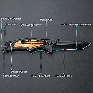 GVDV Utility Pocket Knife - 6 in 1 Folding Knife with Glass Breaker, Bottle Opener, Multi-function Knife for Survival Camping Hunting, Gifts for Men