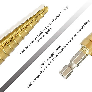 Mesee 3 Pcs Step Drill Bit Set, High-Speed HSS Steel Step Cone Drill Bits 1/4 Inch Hex Shank Step Drill Titanium Coated Hole Drilling Cutter Tool for Wood Plastic Sheet Metal