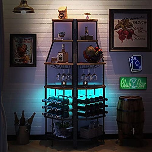 Espelism 5-Tier Corner Wine Rack Freestanding Floor with Glass Holder and Bottles Wine Storage Industrial Bar Cabinets with LED Light for Liquor and Glasses for Living Room Kitchen Home Bar