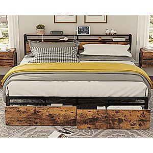 LIKIMIO King Bed Frame with Storage Headboard, Platform Bed with Drawers and Charging Station, No Box Spring Needed, Easy Assembly, Vintage Brown