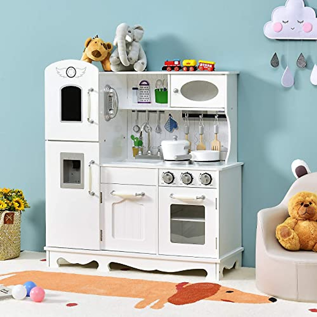 Costzon Kids Kitchen Playset, Wooden Pretend Cooking Playset w/Stove, Fridge, Microwave, Removable Sink, Water Dispenser w/Light Sound, Cabinets, Great Gift for Boys Girls