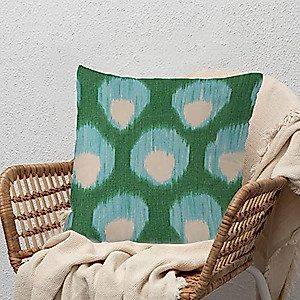 MangGou Peacock Green and Aqua Bukhara Ikat Cushion Cover Home Decor Sofa Pillows with Zipper Hidden Toss Pillows for Living Room Bedroom Gift White Linen 20x20in