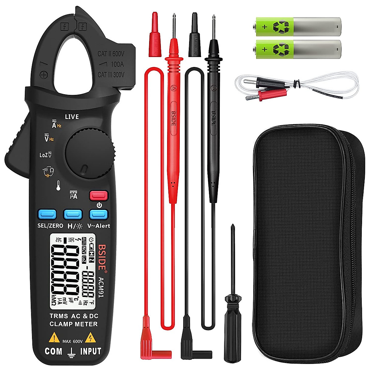 1mA DC Clamp Meter True RMS 6000 Counts Auto-Ranging Digital Multimeter Capacitance Temperature Ohm Live Check V-Alert Low Impedance Voltage Tester for HVAC Automotive