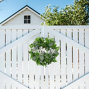 Artificial Eucalyptus Wreath with Welcome Metal Sign for Front Door 13" Faux Green Leaf Hanging Decor Farmhouse Porch Patio Garden Wedding Party Celebration Wall Home Table St Patricks Day Decoration