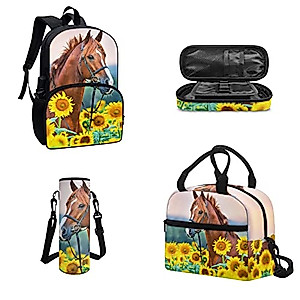 POLERO Sunflower Horse School Backpack for Girls Insulated Lunch Case Crossbody Water Bottle Cover School Pencil Holder Pen Bags