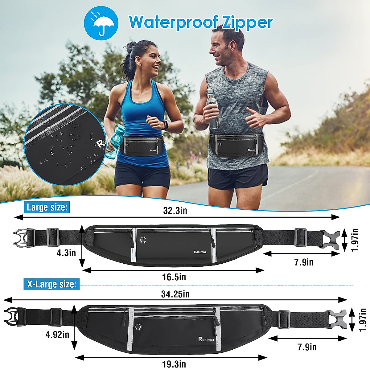 Running Belt Fanny Packs for Men Women,ROSIMAX Waist bag Money Belt Running Phone Holder 4 Pockets Lycra Water Resistant Runners Belt Pouch For Sports Workout Fits Big Phones Up to 8’’（X-Large)