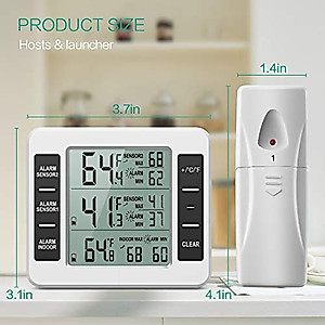 ORIA Refrigerator Thermometer, Wireless Digital Freezer Thermometer with 2 Wireless Sensors, Wireless Indoor Outdoor Thermometer, Audible Alarm, Min and Max Display, LCD Display for Home, Restaurants