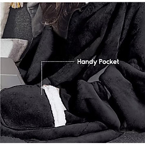 COTTEBED Black Sherpa Hoodie Women Wearable Blanket Men Hooded Sweater Blanket with Pockets Long Sleeve Blanket Robe Adult Comfy Thick Sweatshirt Throws Black