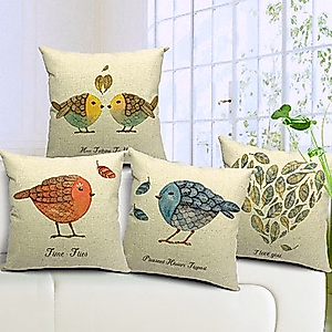 【Bailand】 Set of 4 Country Lovely Birds Cotton/Linen Decorative Pillow Cover (18 * 18(inch) Set of 4, Multi-Colored)