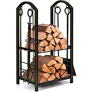 Tangkula Firewood Rack with 4 Fireplace Tools, Firewood Rack Bin Log Holder with Fire place Accessories Tools Set Includes Brush, Shovel, Poker, and Tongs(17.5 x 12 x 29 inches) (Bronze)