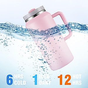 PlanetFlame 64oz Insulated Tumbler with Handle, Stainless Steel Double Wall Vacuumn Water Bottle, Lid and Straw for School, Gym, Hiking & Camping, Pink