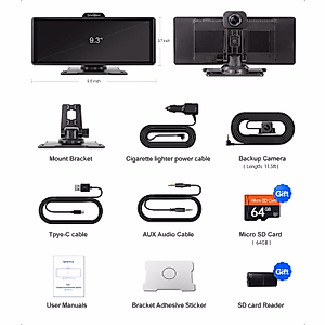 Portable 9.3" Dash Mount Apple CarPlay with 4K Front and Rear 1080P Dash Cam,Wireless Android Auto Car play Screen Stereo for Cars, with Backup Camera/Bluetooth/AUX/FM,Head Unit,Car Audio Receivers
