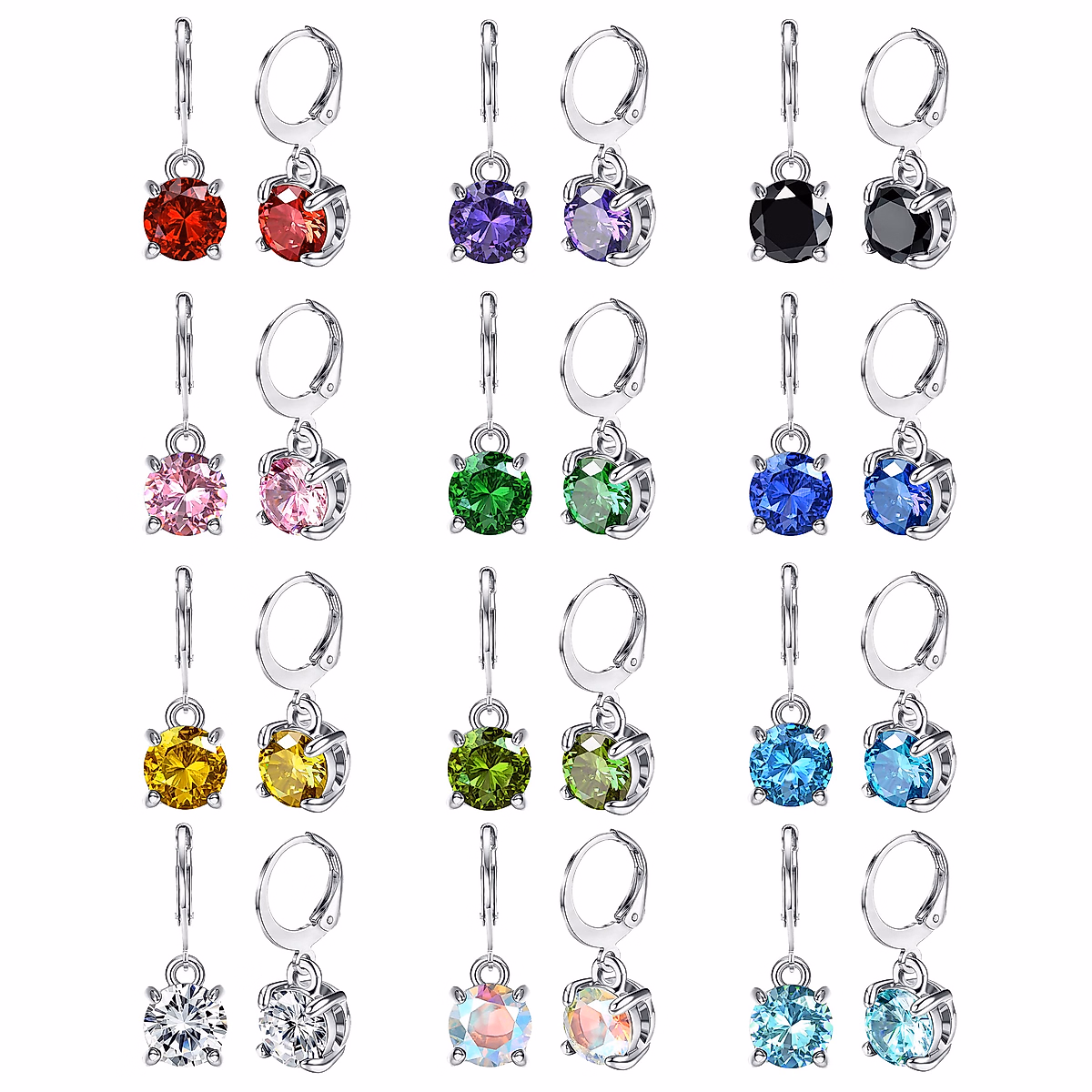 JOERICA 12 Pairs Leverback Dangle Earrings for Women Stainless Steel Dangle Hoop Earrings Set Multi Colored 8mm Cubic Zirconia Earrings