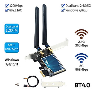 fenvi PCIe Network Card 1200Mbps Desktop Wireless-AC PCI-E Dual Band Gigabit Wi-Fi Adapter 802.11ac 5GHz 867Mbps 2.4GHz 300Mbps BT4.0 for PC Windows