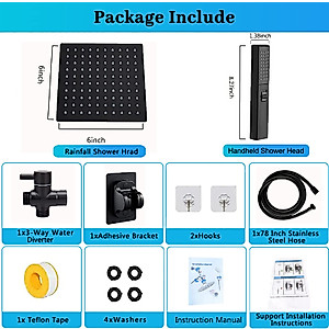 Shower Head, Rain Shower Head with Handheld,High Pressure 6'' Rainfall Stainless Steel Shower Head / 2 Settings Handheld Shower Combo with Shower Holder and 78'' Explosion-Proof Hose (Black)