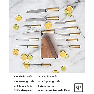 Gold Knife Set with Walnut Knife Block, 13-piece Kitchen Knives Stainless Steel Gold Knives Set, Full Tang, Knives Gold - Gold Kitchen Accessories