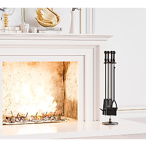 Kingson Fireplace Tools Set 30.7" 5 Pcs Heavy Duty Wrought Iron Fire Place Accessories Set Fireplace Tools Outdoor Fire Pit Tools Indoor Fireset Poker Tongs Brush Shovel-Black