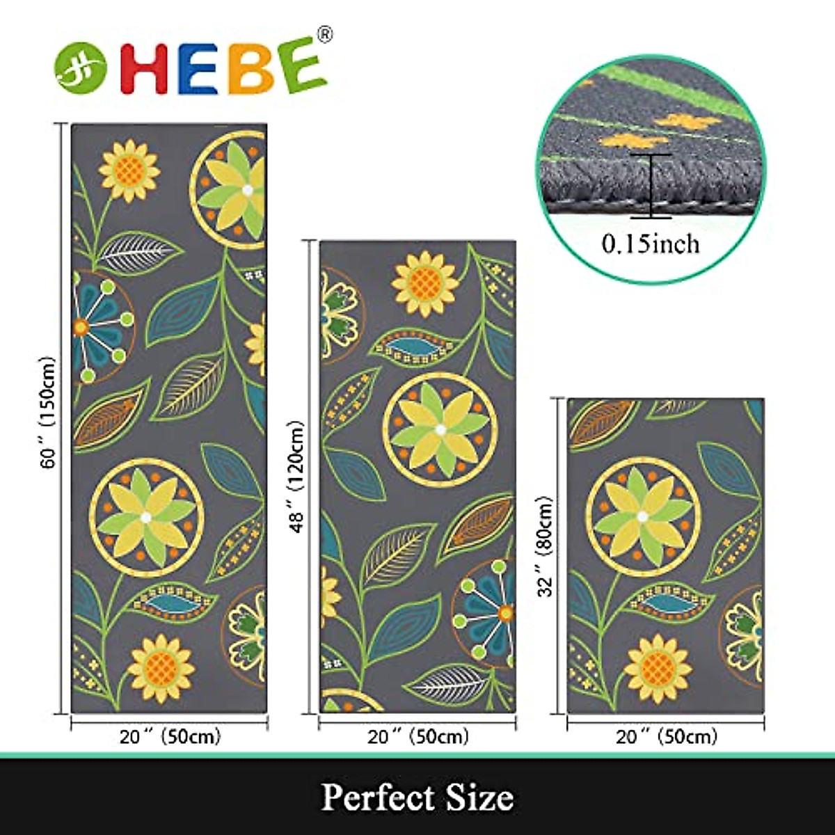 HEBE Floral Kitchen Rug Sets 3 Piece with Runner Non Slip Kitchen Rugs and Mats Washable Kitchen Mats for Floor Boho Area Rugs Doormat Carpet for Hallway Entryway Laundry Living Room
