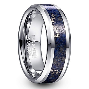 Vakki 8mm Lapis Lazuli Tungsten Carbide Ring Beveled Edges Wedding Band Comfort Fit Size 9