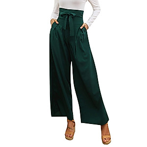 SweatyRocks Women's Casual High Waist Belted Wide Leg Pants with Pocket Green L