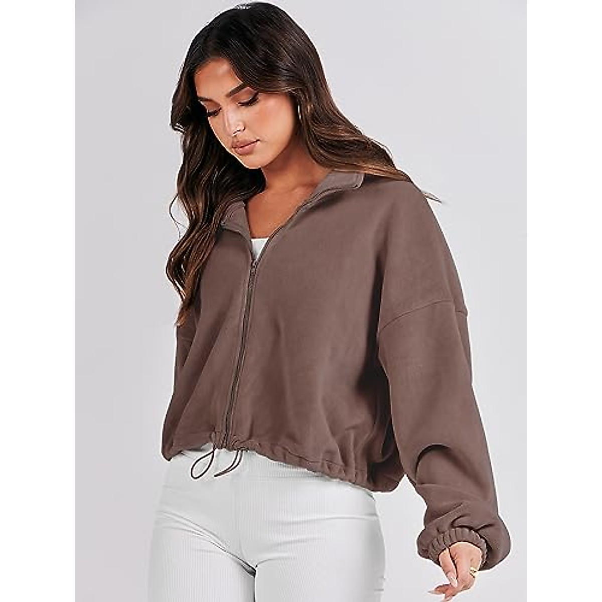 ANRABESS Jacket for Women Full Zip Oversized Fleece Crop Sherpa Coat Long Sleeve Drop Shoulder Stand Collar Drawstring Hem Soft Cozy Thick Trendy Winter Tops Outfits 1097qianzong-L