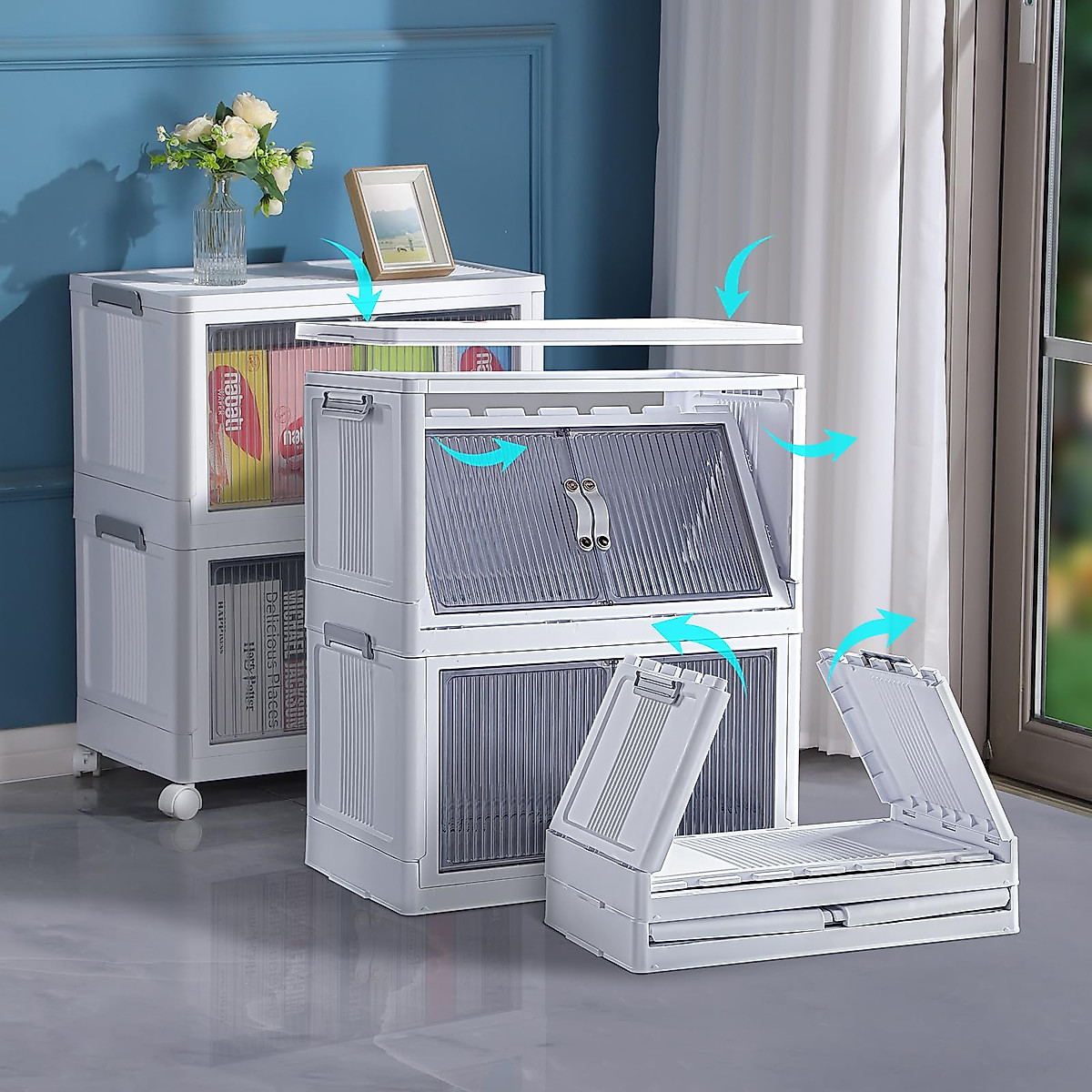 MOPUP 264 QT Stackable Storage Bins with Lids and Doors and Wheels - 4 Pack 16 GAL Plastic Storage Bins,White Closet Organizers and Storage,Dual Open Doors Collapsible Storage Bins for Home and Office