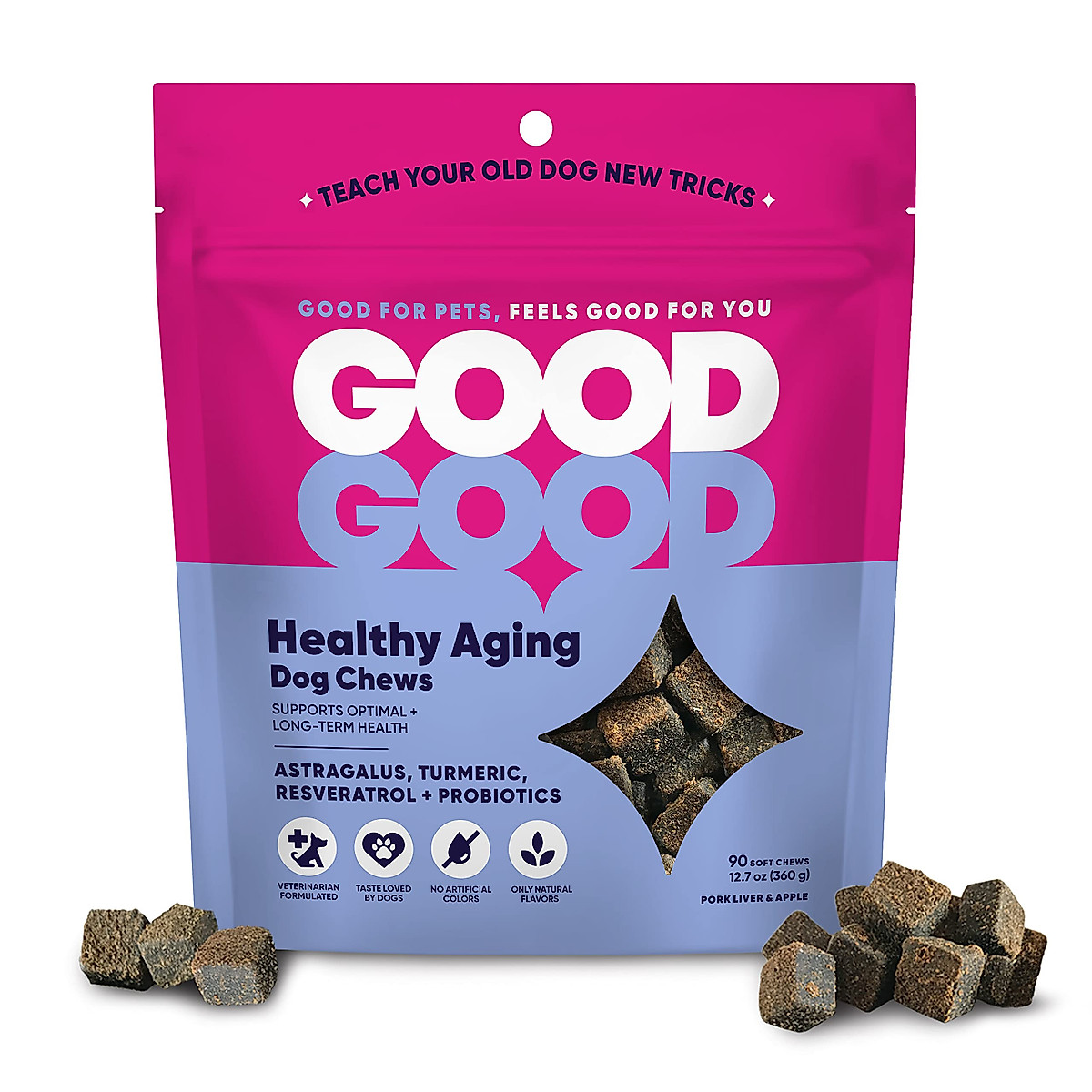 GoodGood Healthy Aging Dog Supplements; Supports Optimal Long-Term Health; Adult or Older Dog; Soft Chews with Astragalus, Turmeric, and Resveratrol; Probiotics; 90 Natural Flavor Chews