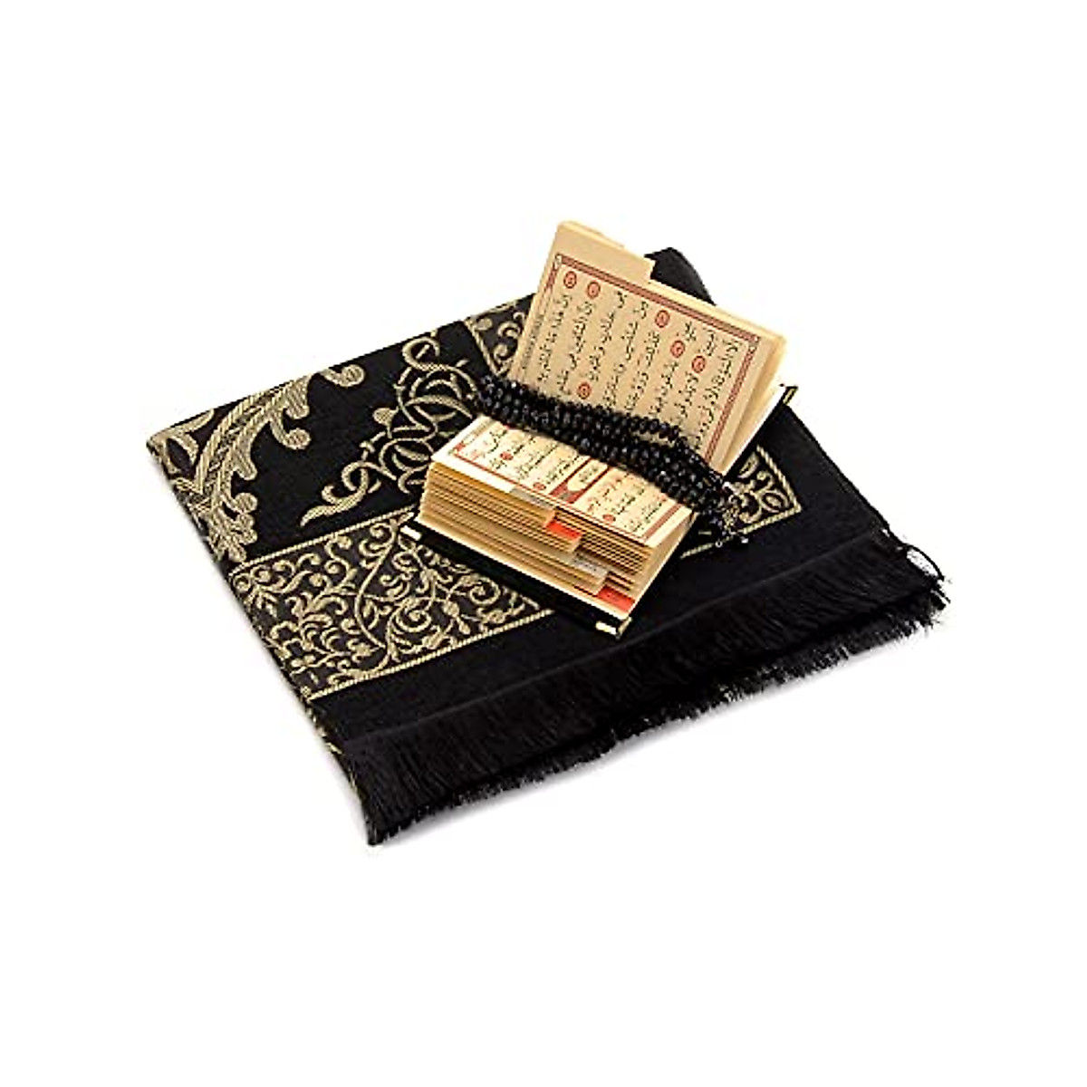 ihvan online Taffeta Fabric Muslim Prayer Rug & Velvet Covered Yaseen Surah Pocket-Size Book & Crystal Prayer Beads Set with Kraft Boxed, Perfect Islamic Ramadan Eid Gifts, Black