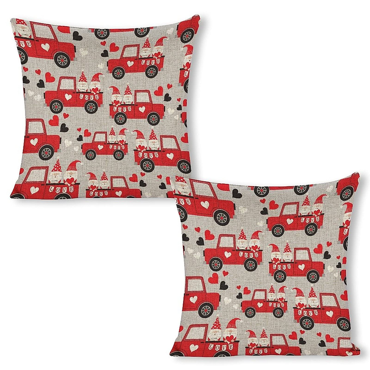 Valentine's Day Truck Throw Pillow Covers 18×18 Pillowcases Set of 2 Cute Gnome Heart Linen Decorative Square Pillow Case Cushion Covers Standard Size for Sofa Couch Outdoor Bed Pillow Protectors