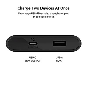 Belkin USB-C Power Bank 10K - Fast Charging Portable Battery Pack w/ USB-C + USB Ports - Compatible w/ iPhone 14, 14 Plus, 14 Pro, 14 Pro Max, 13, 13 Mini, Galaxy S22, Ultra, Plus and More - Black