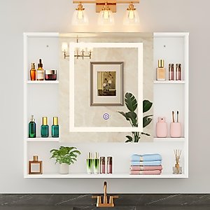 SOOWERY Medicine Cabinet Mirror with Led Light 27.5" W x 24.3" H Lighted Vanity Mirror Wall Mounted Bathroom Storage Cabinet with Single Door Surface Farmhouse Bathroom Cabinets White