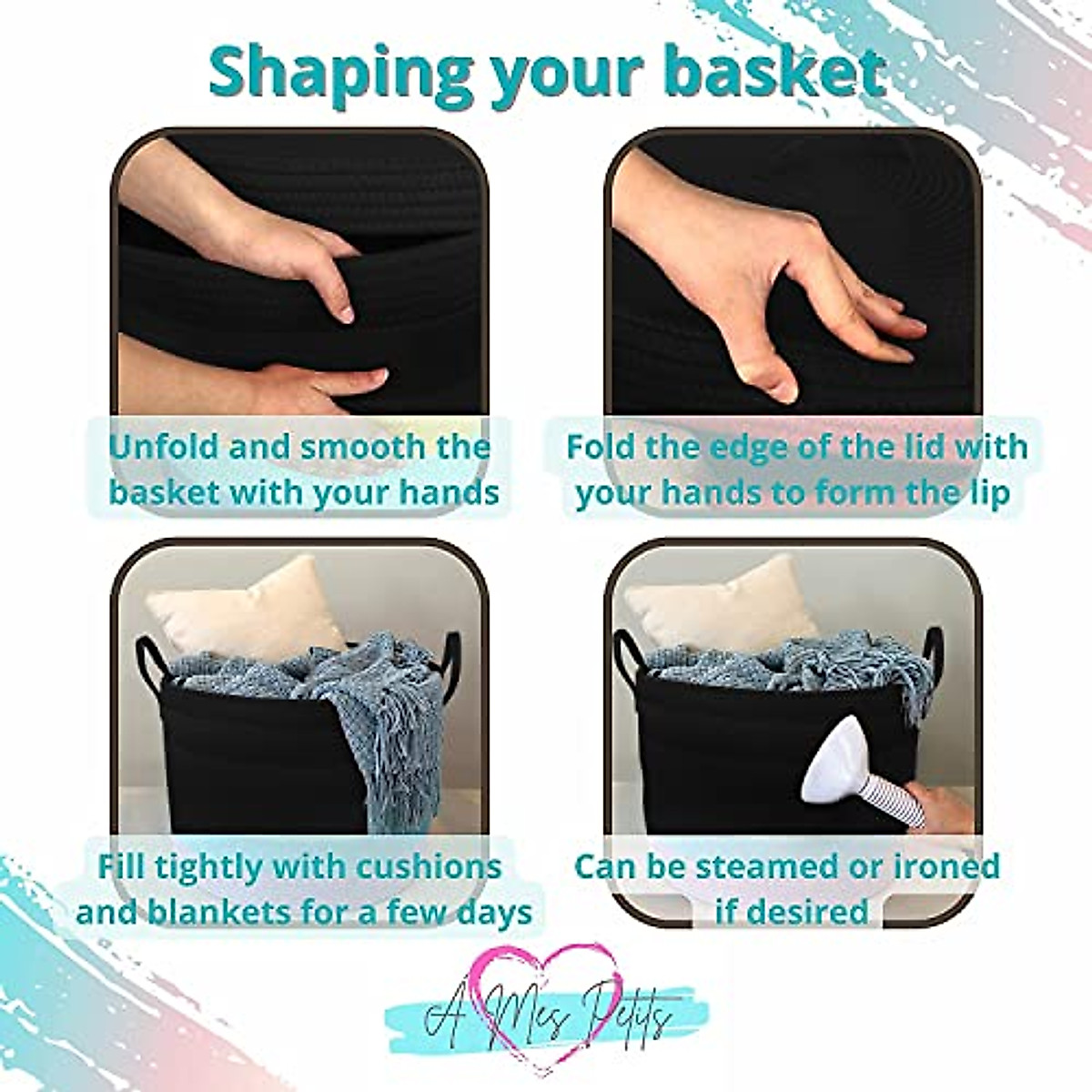 Extra Large Storage Laundry Basket 22" X 16" Cotton Rope Woven Basket for Blanket Basket with Handles for Living Room Toys Storage XXXL (Black)