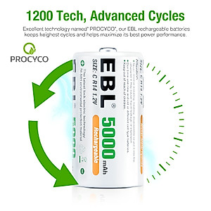 EBL C Batteries High Energy 5000mAh Ready2Use C Rechargeable Battery Cells, 4 Counts