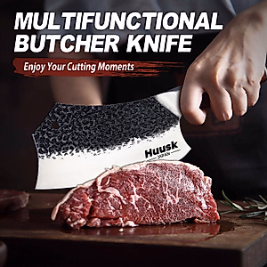 Huusk Cleaver Knife, 7 Inch Meat Cleaver Heavy Duty, Hand Forged Chopper knife, High Carbon Steel with Wood Handle, Japanese Cleaver for Cutting Meat and Vagetable, Gift for Men Women