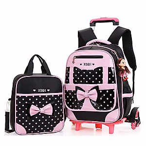 Bowknot Kids Rolling School Backpack 2Pcs Polka Dot Princess Style Trolley Bookbag on Six Wheels
