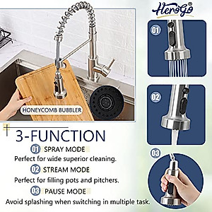 Kitchen Faucets with Pull Down Sprayer Brushed Nickel, Herogo 2.0 Upgraded Commercial Stainless Steel Single Handle Pull Out Spring Sink Faucets with Deck Plate for Utility Farmhouse Laundry Rv Wet
