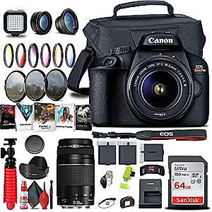 Canon EOS Rebel T100 / 4000D DSLR Camera with 18-55mm Lens, Canon EF 75-300mm Lens, 64GB Memory Card, Color Filter Kit, Case, Photo Software, 2 x LPE10 Battery + More (Renewed)